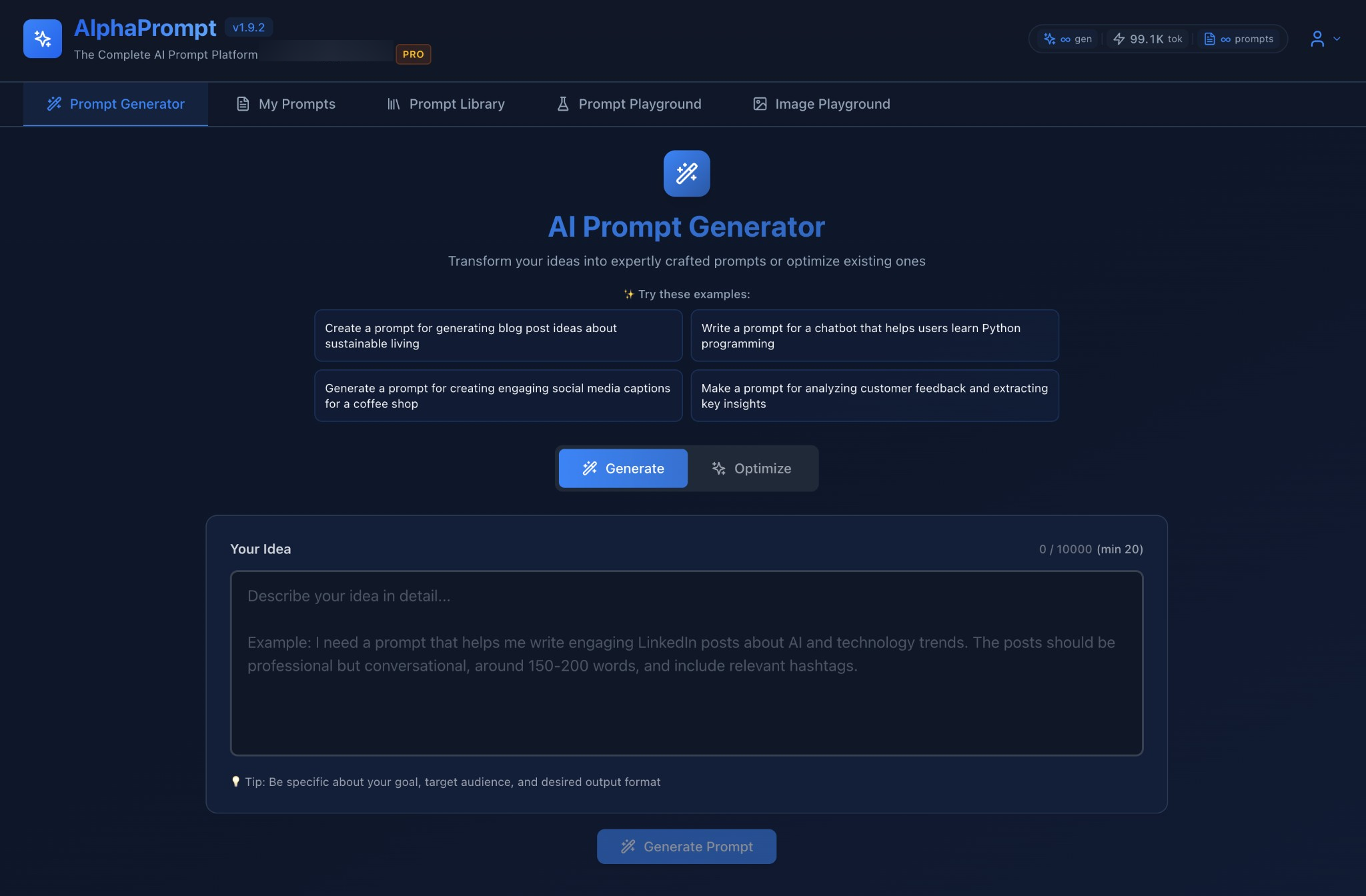 AlphaPrompt - The Complete AI Prompt Platform | Generate, Optimize & Manage